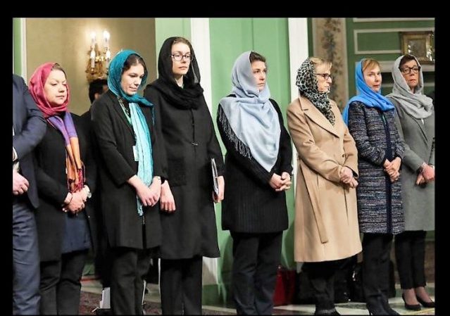 Swedish feminist politicians wear Hijabs and Chadors during Iran meetings
