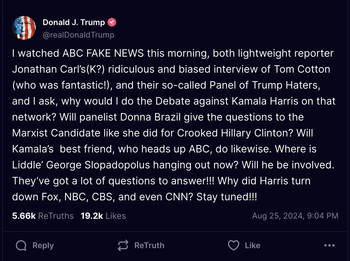 Trump Slams Harris’s Demand to Keep Microphones on the Entire Debate