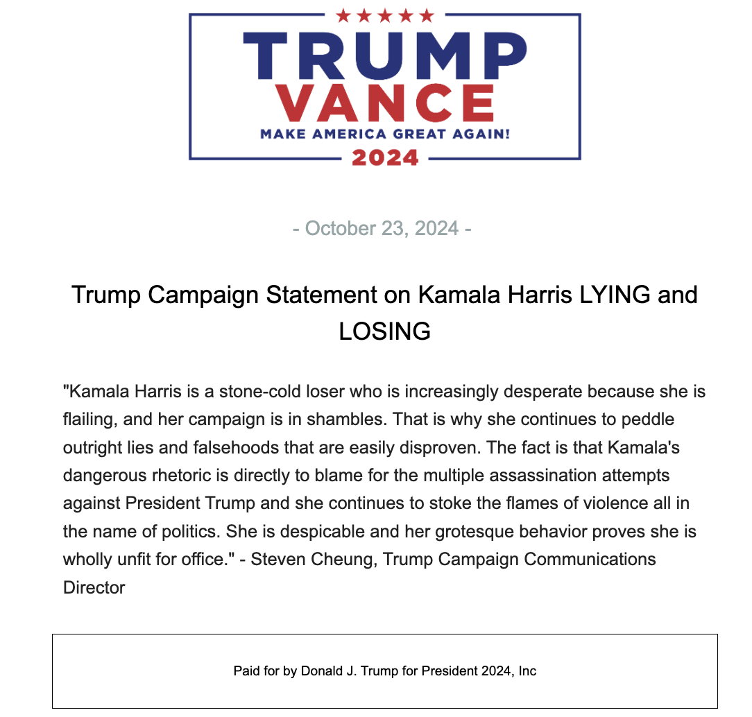 Trump Team Blasts Harris’s “Dangerous Rhetoric” Remarks