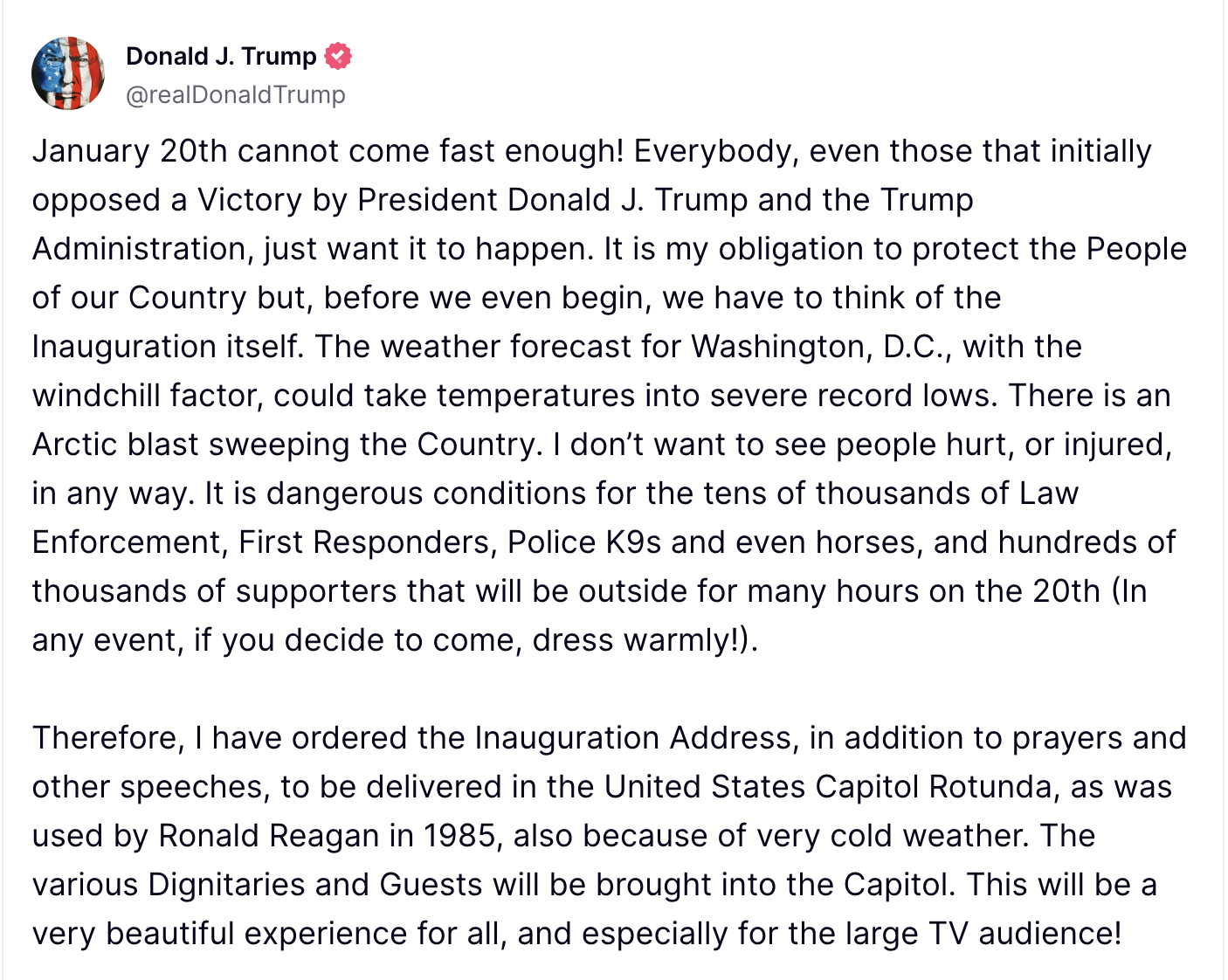 Trump Inauguration Moved Indoors Due to Dangerous Cold Weather